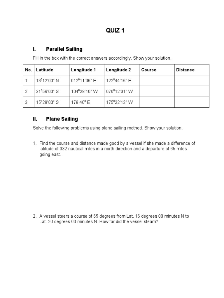 Quiz 1: I. Parallel Sailing | PDF