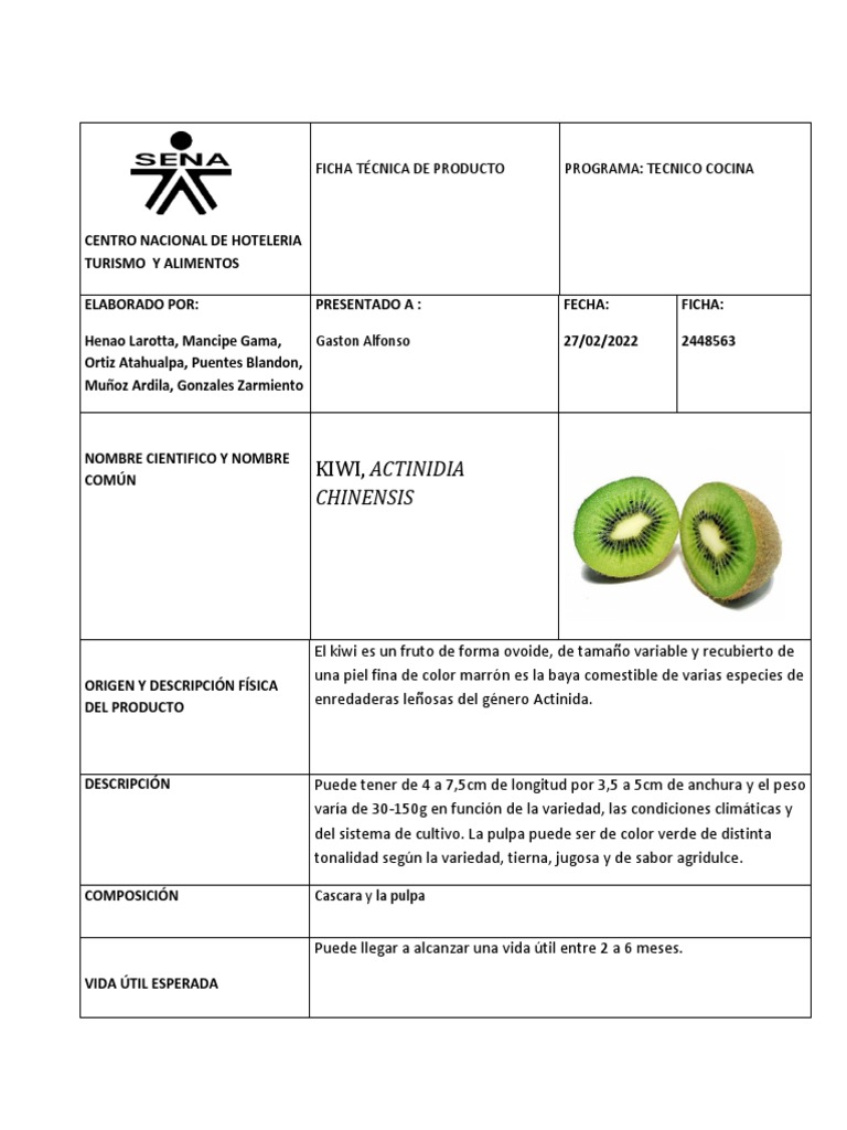Ficha Tecnica Del Kiwi | PDF | Alimentos | Nutrición