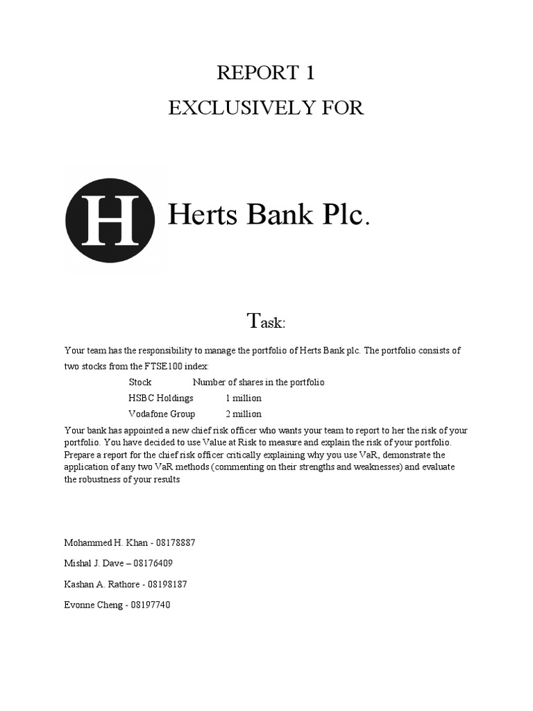 Herts Bank PLC.: Report 1 Exclusively For | PDF | Economics | Value At Risk