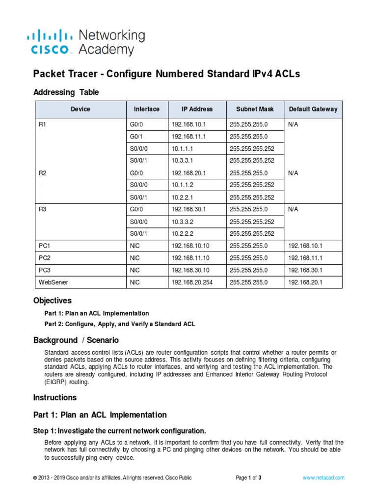 5.1.8 Packet Tracer Configure Numbered Standard Ipv4 Acls | PDF ...