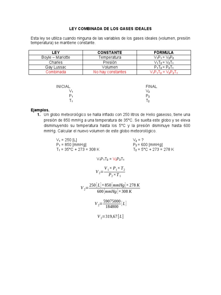 Ejercicios Ley Combinada de Gases | PDF | Gases | Materiales transparentes