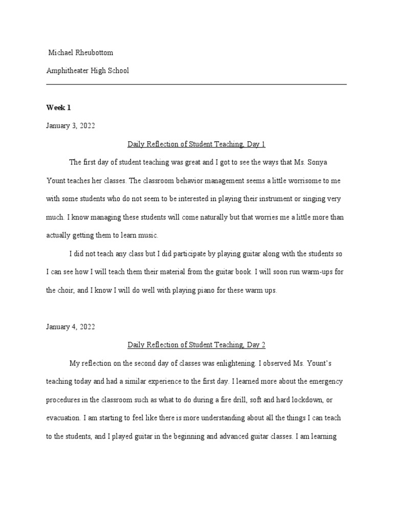 Student Teaching Reflections Week 1 | PDF