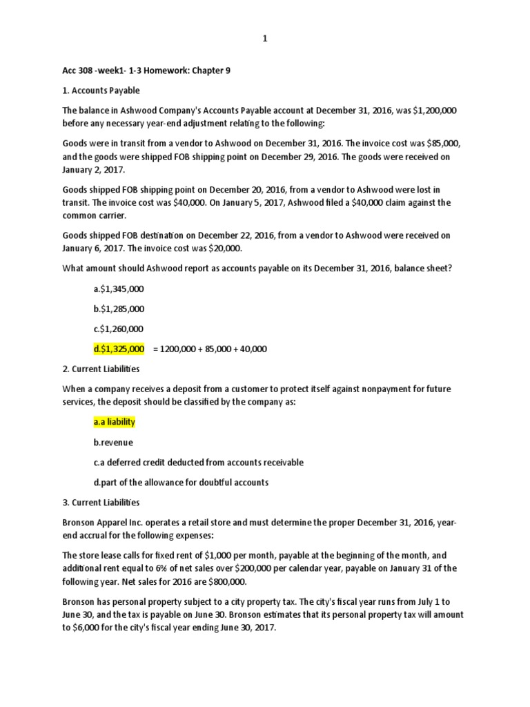 Acc 308 - Week1 - 1-3 Homework - Chapter 9 | PDF
