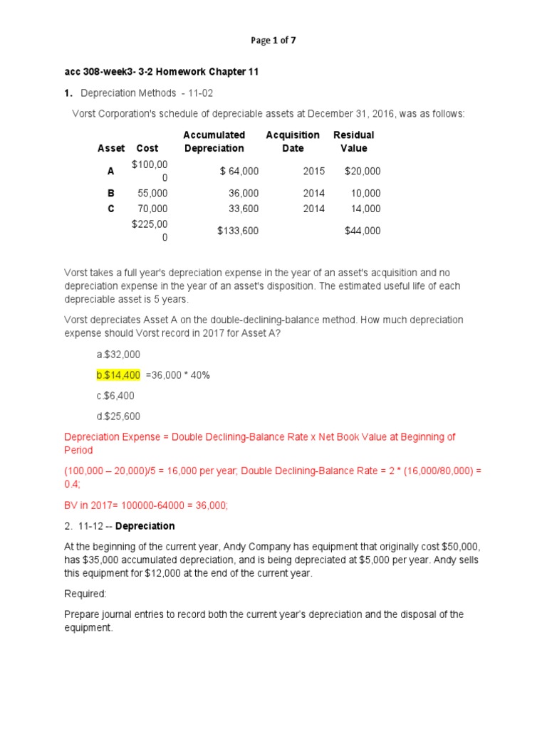 Acc 308-Week3 - 3-2 Homework Chapter 11 | PDF | Depreciation | Money Acc 308-Week3 - 3-2 Homework Chapter 11 | PDF | Depreciation | Money