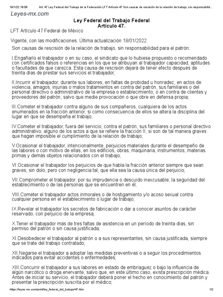 Ley Federal Del Trabajo Federal Artículo 47 | PDF | Estatuto de ...