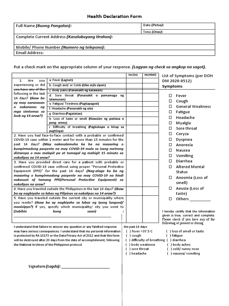 Health Declaration Form: Symptoms | PDF | Medicine | Medical Specialties