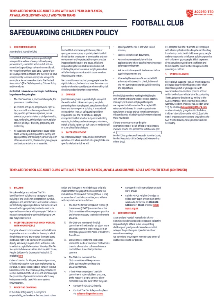 FA Safeguarding Children Policy (Adult Teams With U18 Players) | PDF ...
