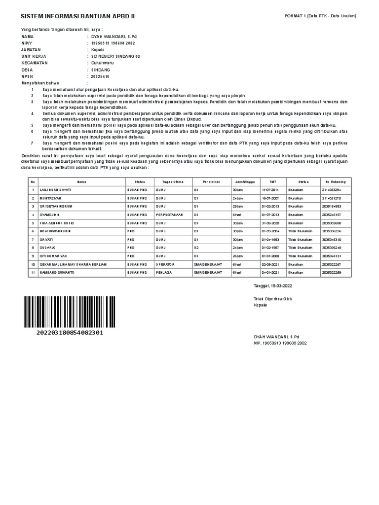 Sistem Informasi Bantuan Apbd Ii: No Nama Status Tugas Utama Pendidikan Jam/Minggu TMT Status No ...