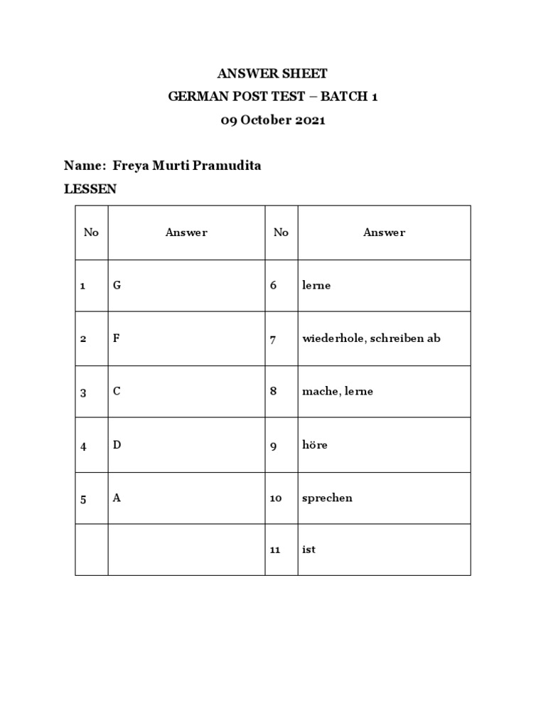 ANSWER SHEET - German Post Test | PDF