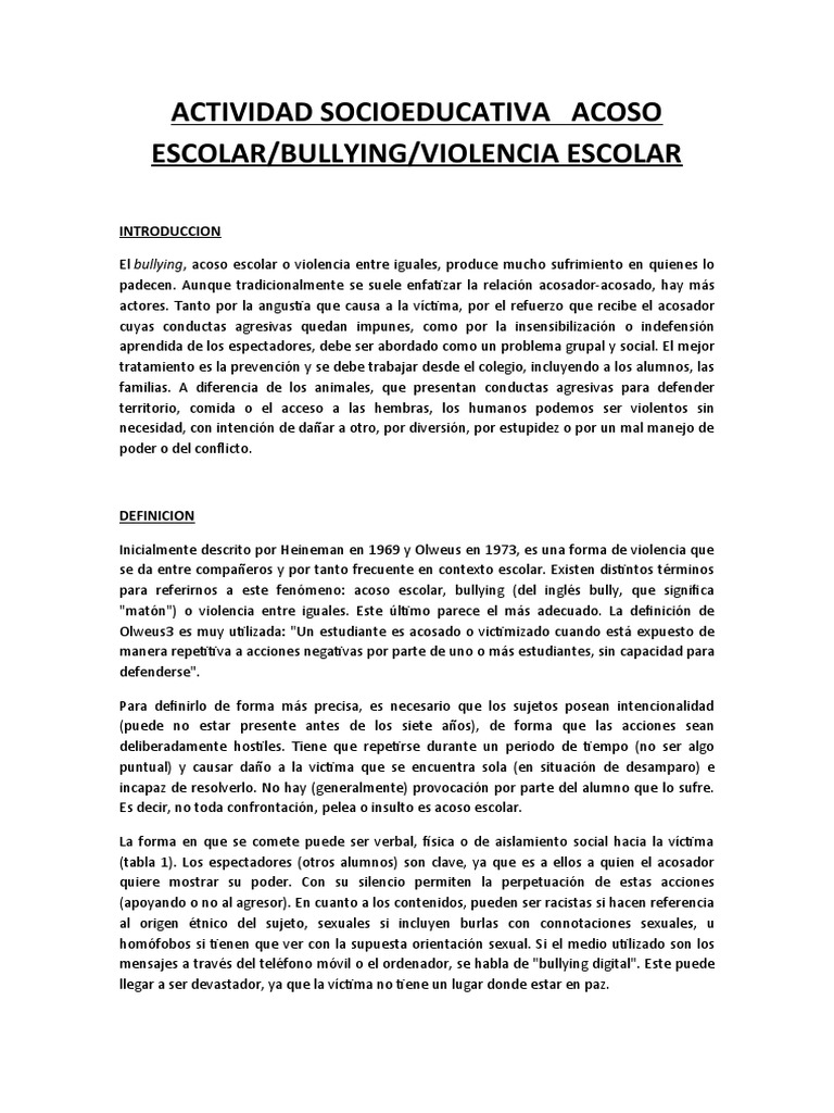 Actividad Socioeducativa Acoso Escolar | PDF | Acoso sexual | Violencia