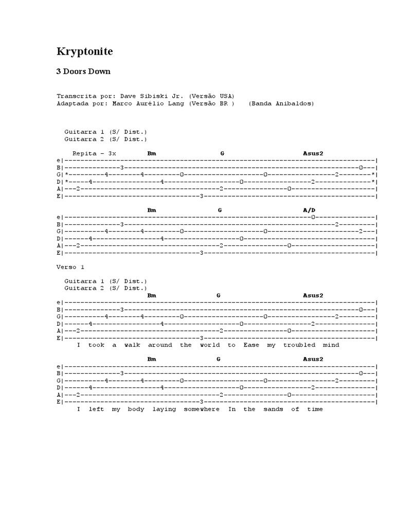 "Kryptonite Guitar Tabs and Lyrics" | PDF | Superman | Dc Comics