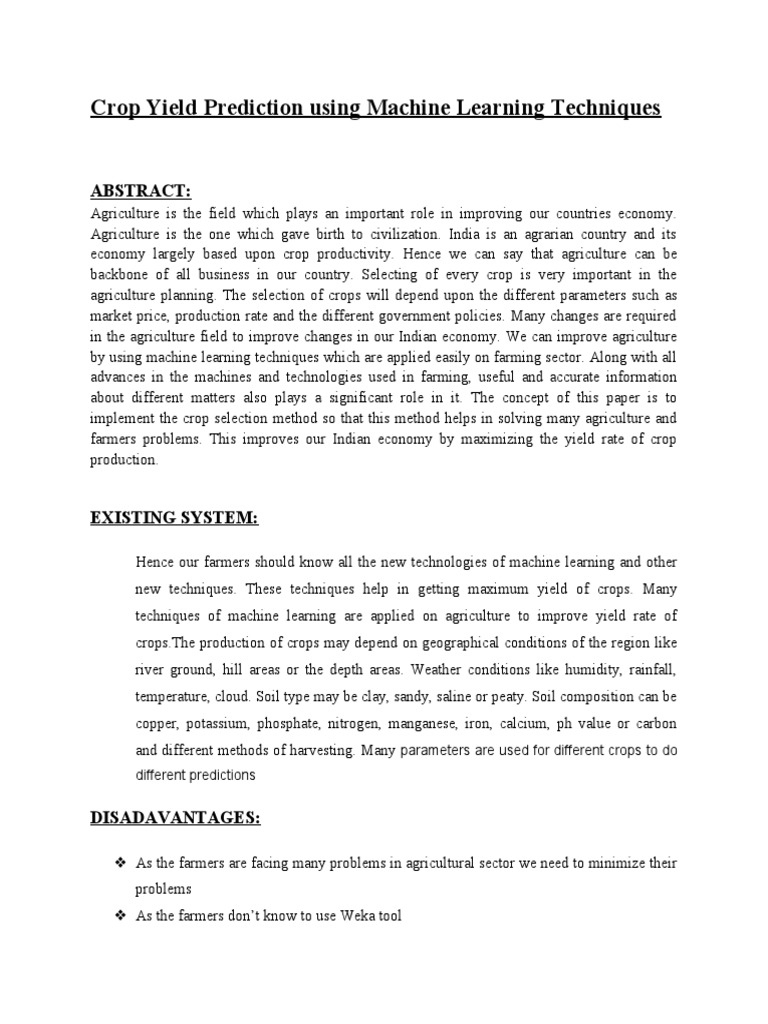 Crop Yield Prediction Using Machine Learning Techniques: Abstract | PDF | Agriculture | Soil