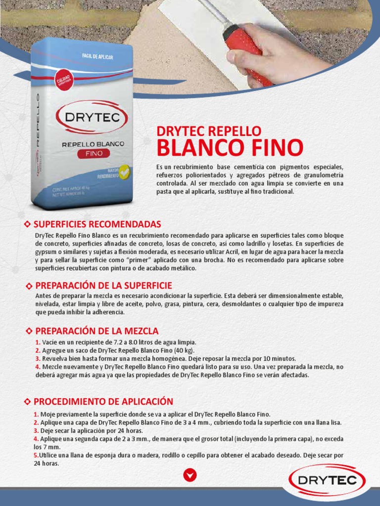 Fichas Técnicas REPELLO FINO BLANCO | PDF | Hormigón | Pintar