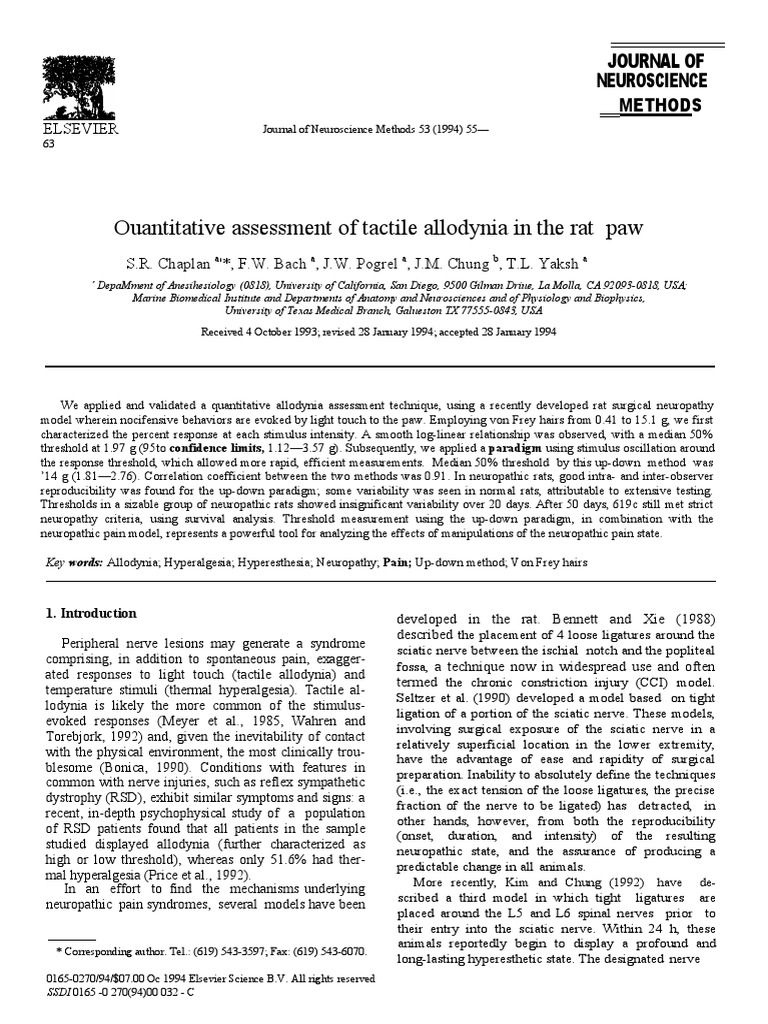 Ouantitative Assessment of Tactile Allodynia in The Rat Paw | PDF ...