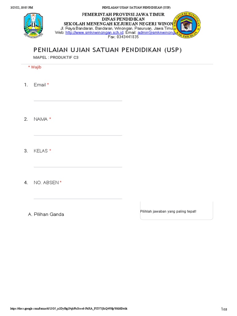 PENILAIAN UJIAN SATUAN PENDIDIKAN (USP) - Google Formulir | PDF