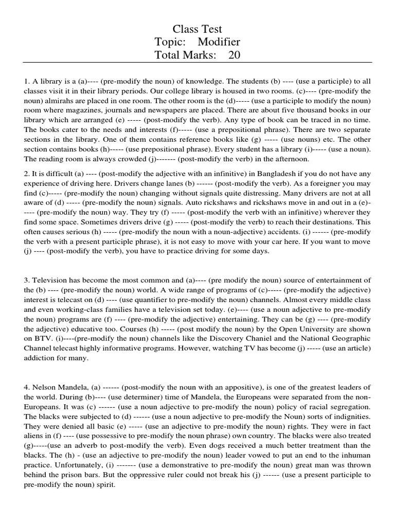 Class Test Topic: Modifier Total Marks: 20 | Download Free PDF | Verb ...