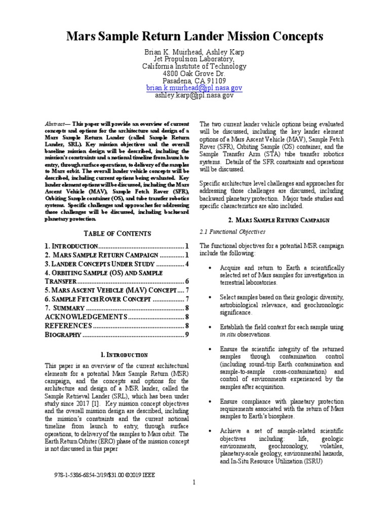 Mars Sample Return Lander Mission Concepts | PDF | Lander (Spacecraft ...