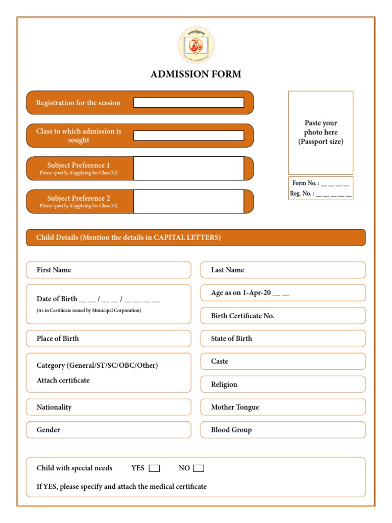 Admission Form: Registration For The Session Class To Which Admission ...