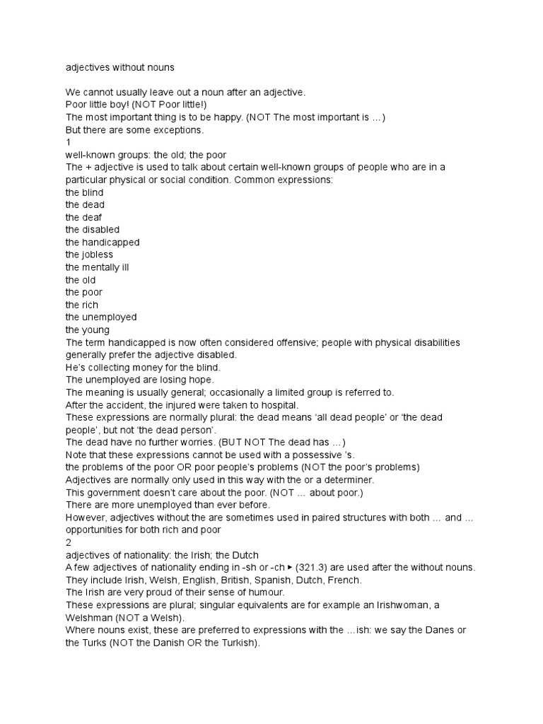 Adjectives Without Nouns-260322 | PDF | Plural | Adjective