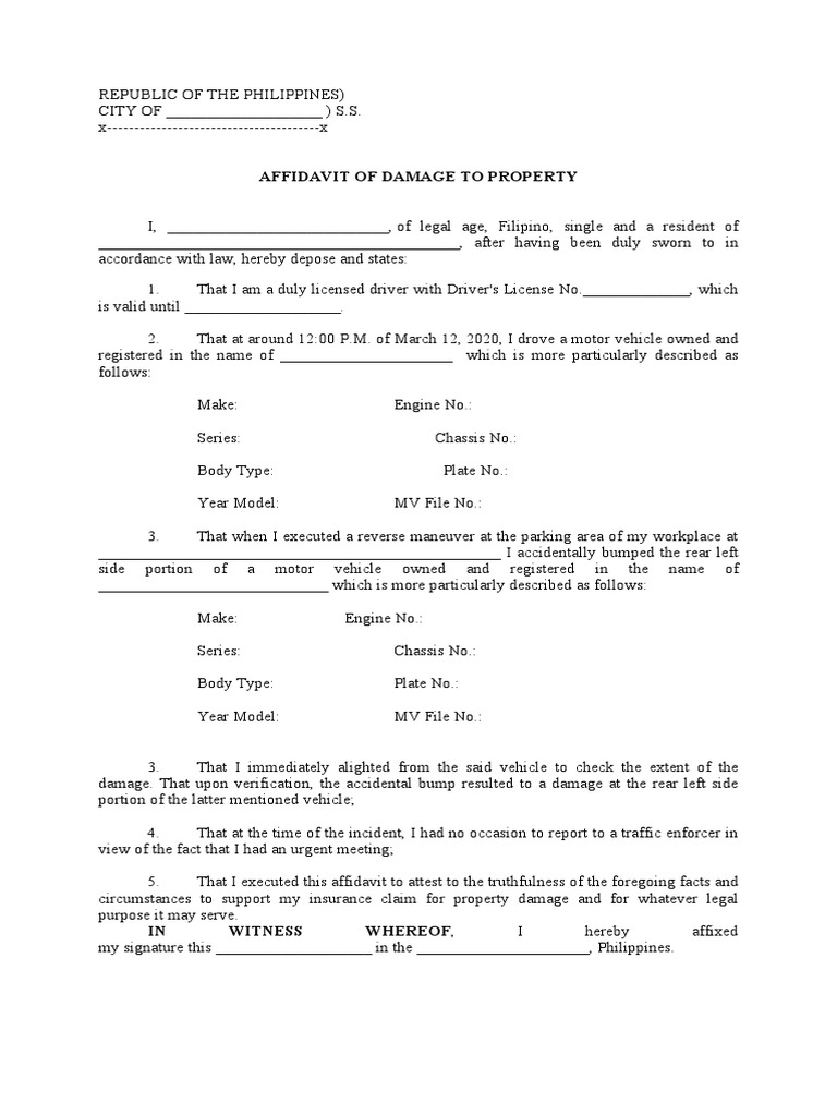 Affidavit of Damage To Property | PDF | Affidavit | Document