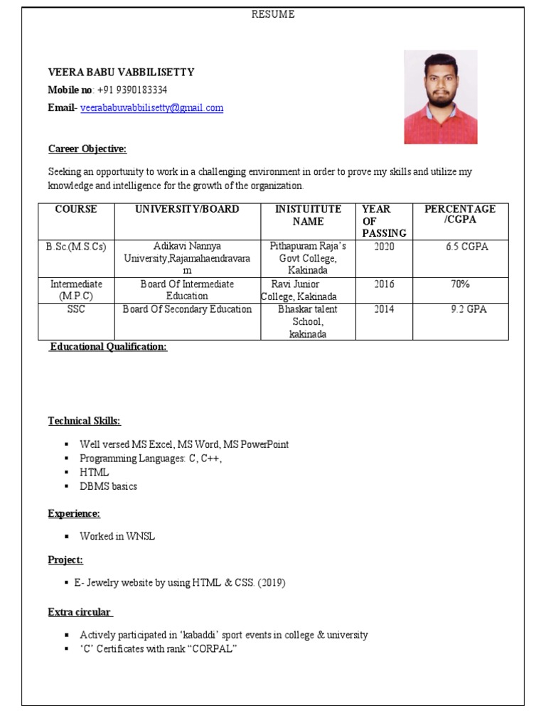 Veera Babu Vabbilisetty Mobile No: +91 9390183334 Email | PDF