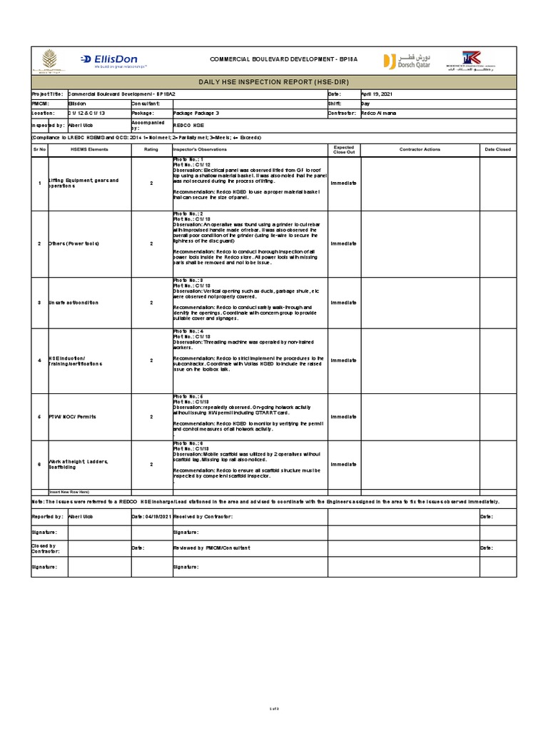 Daily HSE Inspection Report - Package 3 Apr. 19 2021 | PDF