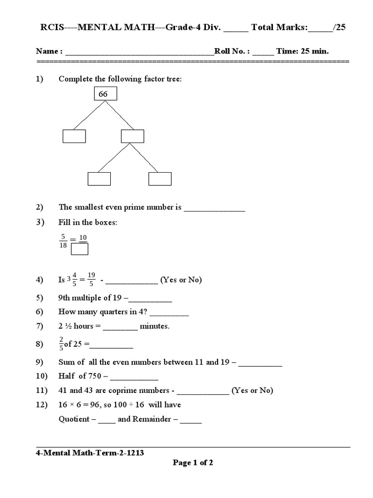 RCIS - MENTAL MATH - Grade-4 Div. - Total Marks: - /25 | PDF | Finance ...