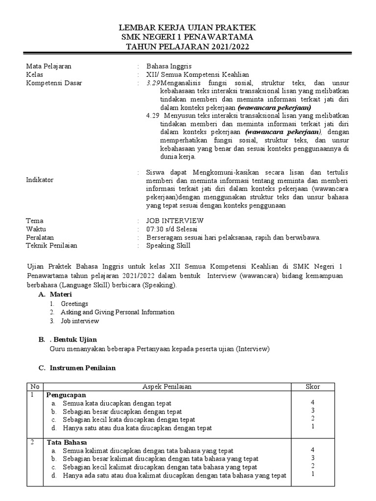 Ujian Praktek Bahasa Inggris: Wawancara Kerja | PDF