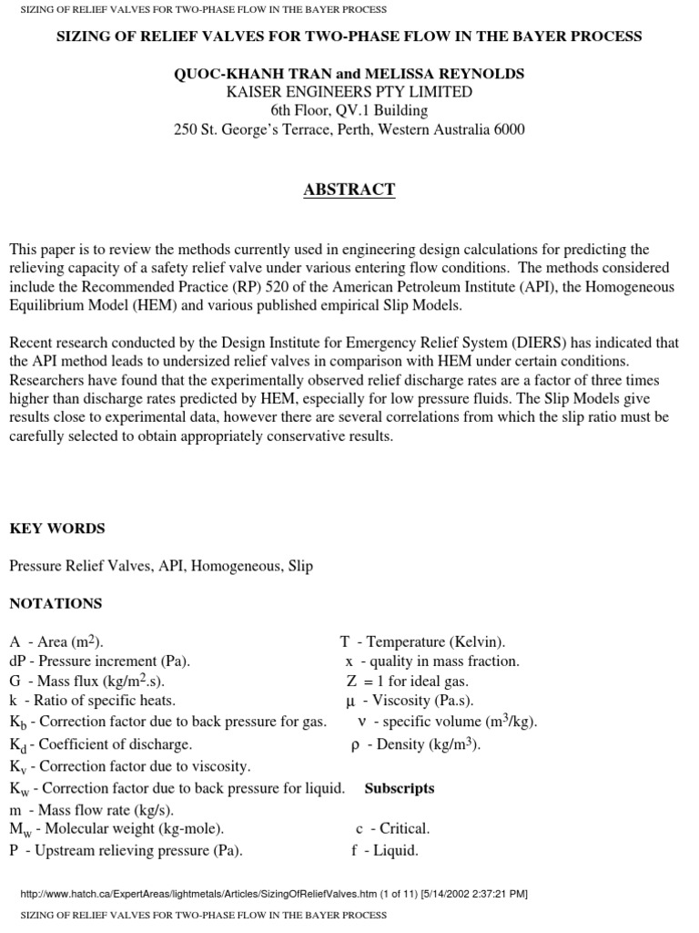 Sizing of Relief Valves For Two-Phase Flow in The Bayer Process | PDF ...