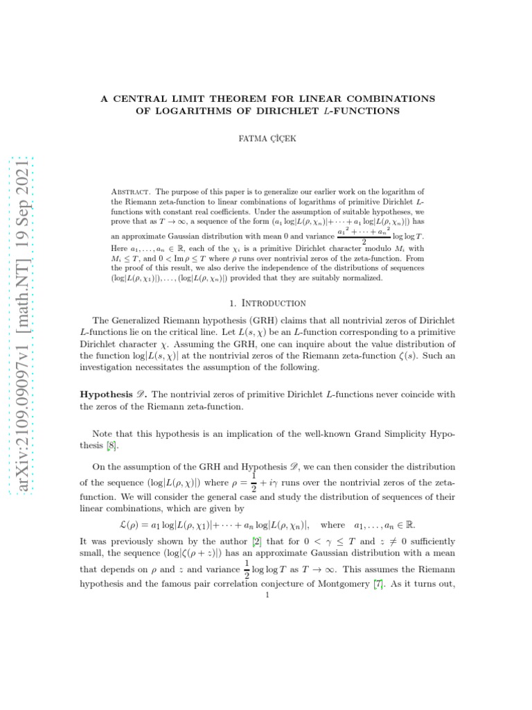Central Limit Theorem for Dirichlet L-Functions | PDF | Number Theory | Complex Analysis