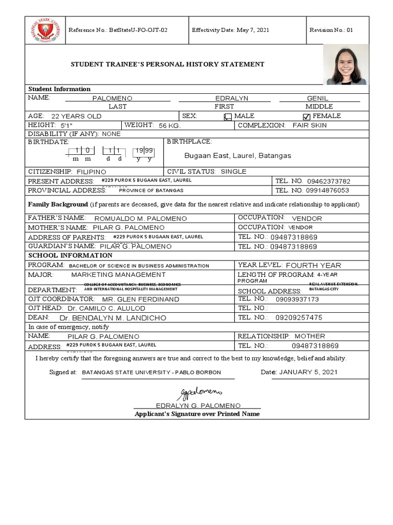 BatStateU FO OJT 02 Student Trainees Personal History Statement Rev 1 | PDF