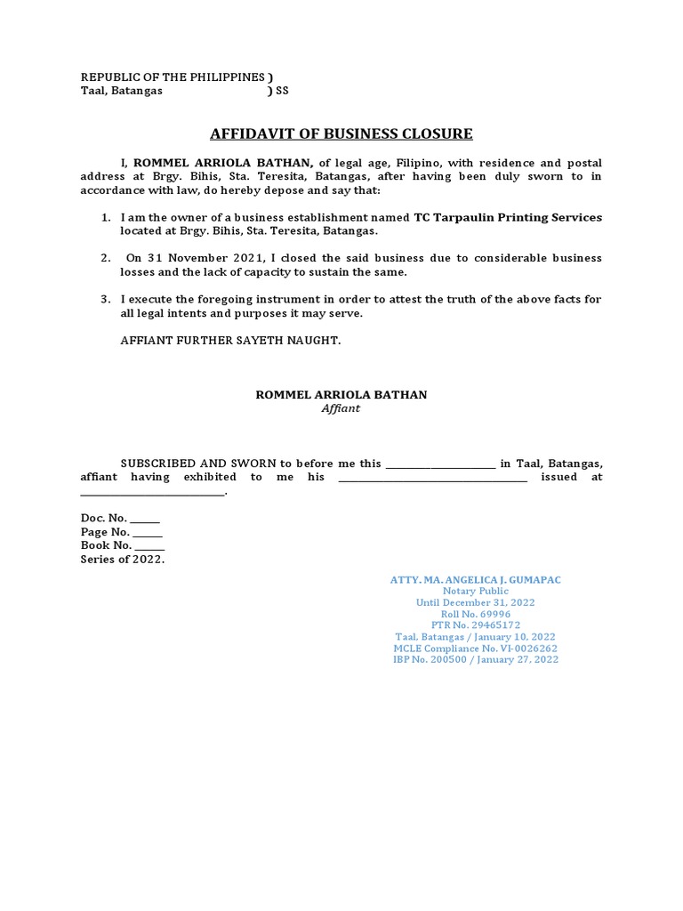 Affidavit of Closure of Business | PDF
