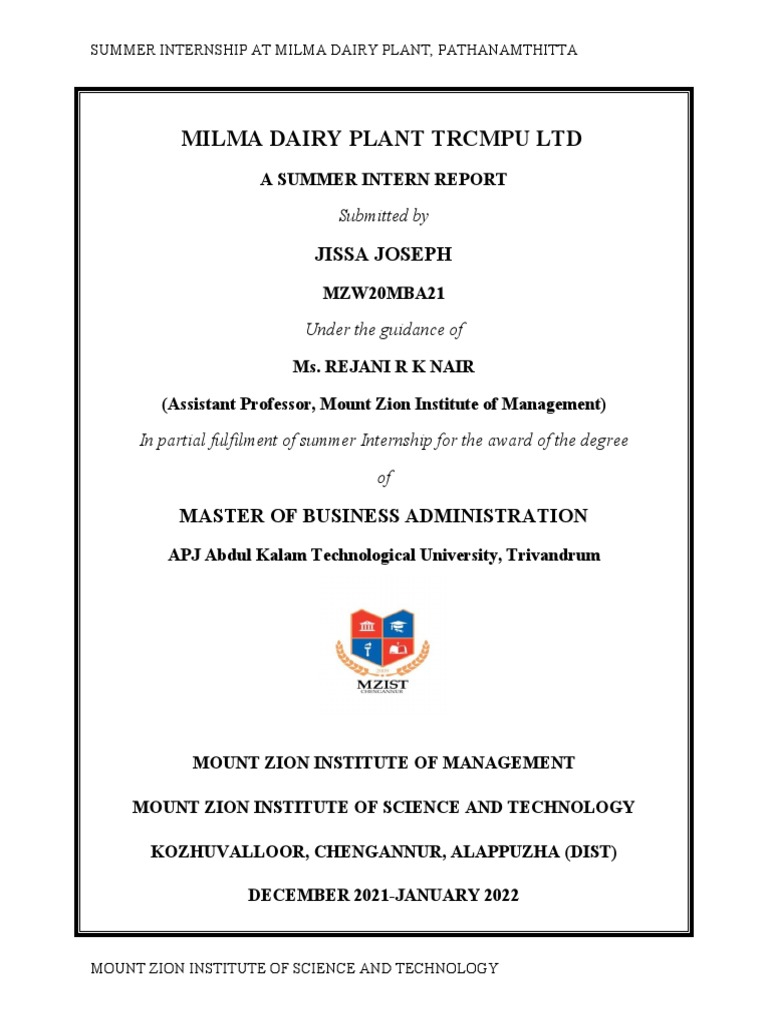 New Milma Internship | PDF | Dairy | Milk