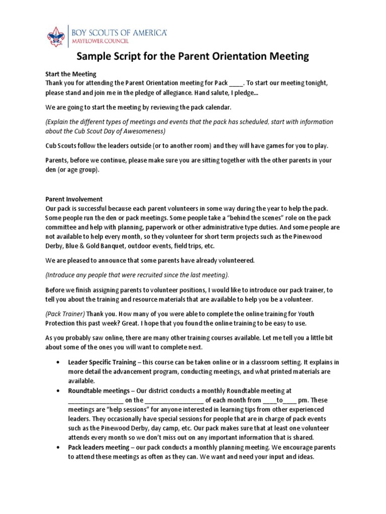 Sample Script For The Parent Orientation Meeting | PDF | Boy Scouts Of ...
