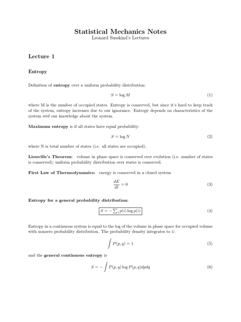 Statistical Mechanics Notes: Leonard Susskind's Lectures | PDF ...