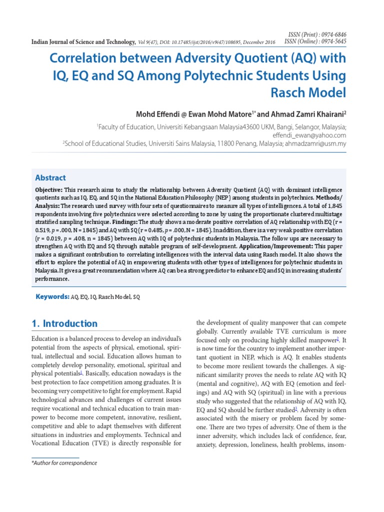 Correlation Between Adversity Quotient (AQ) With IQ, EQ and SQ Among ...