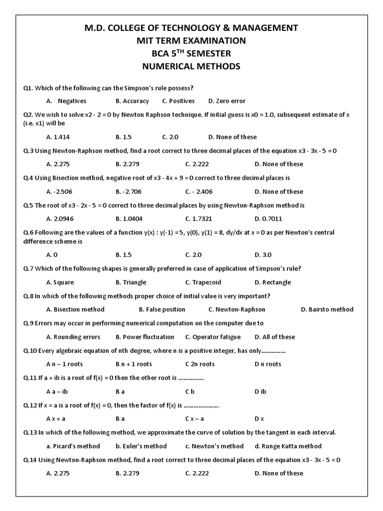 BCA 5 Numerical Methods MCQ | PDF | Numerical Analysis | Applied Mathematics