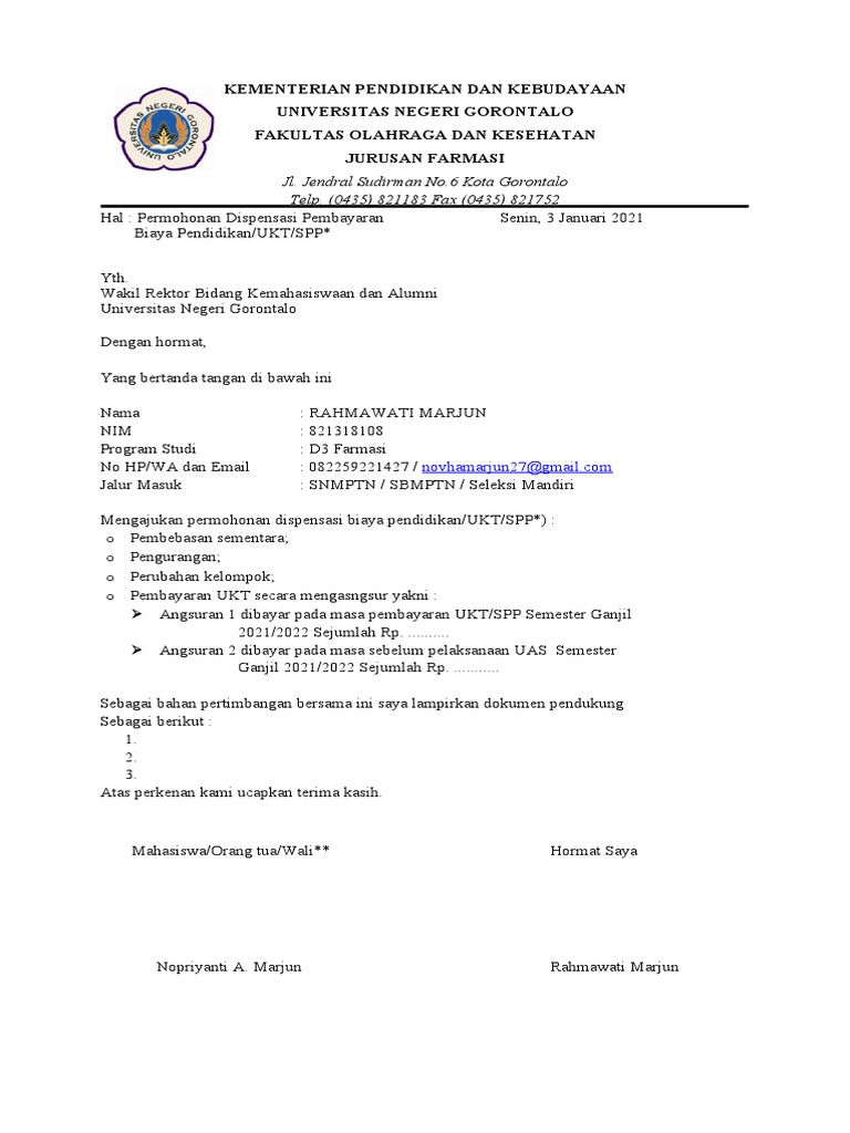 Contoh Surat Permohonan UKT Terbaru | PDF