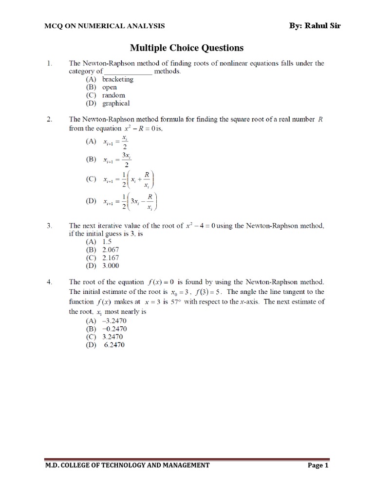 Multiple Choice Questions: MCQ On Numerical Analysis | PDF | Nonlinear System | Equations