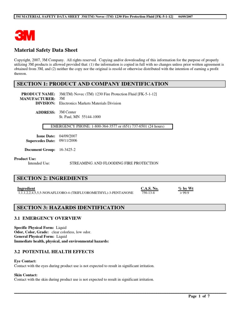 Novec 1230 MSDS | PDF | Volatile Organic Compound | Safety