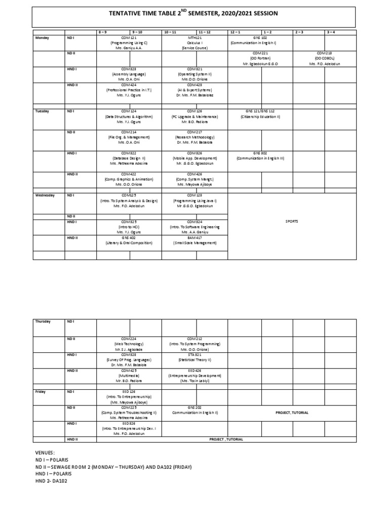 2ND Semester Timetable | PDF | Product Development | Technology Development