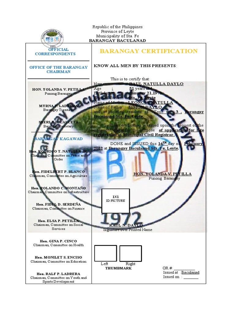 Barangay Certification Psa | PDF | Government