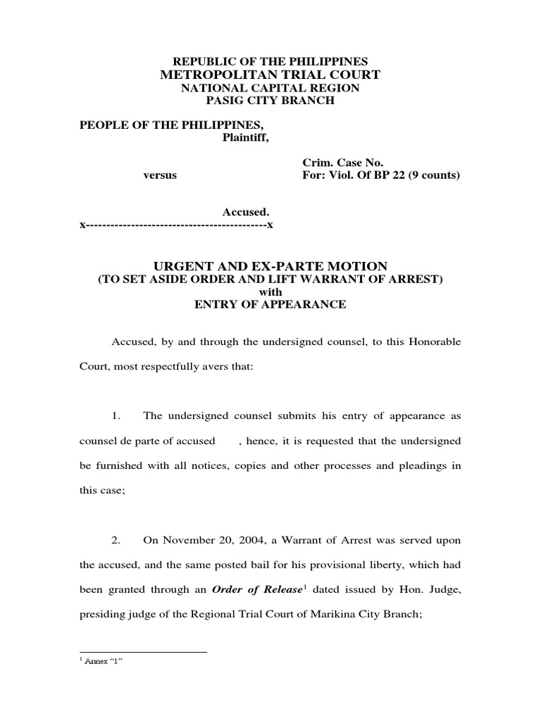 Motion to Lift Warrant of Arrest | PDF