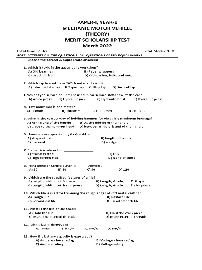 MMV Merit Scholship Test March 2022 | PDF | Manufactured Goods | Equipment