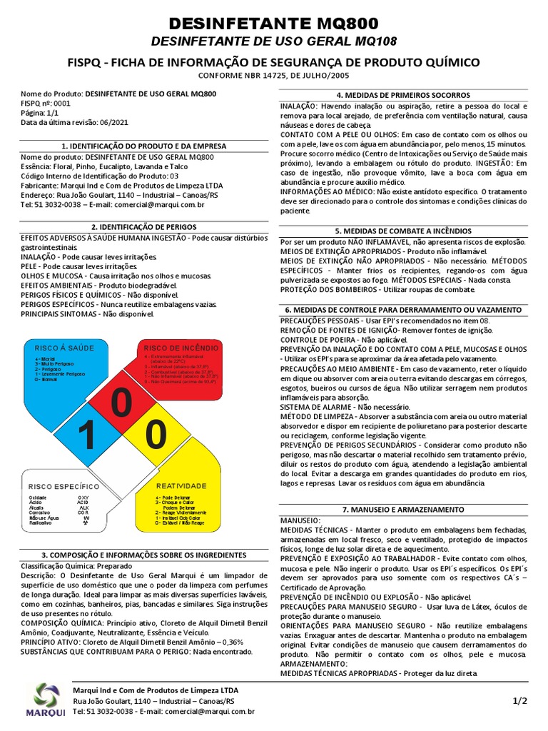 Fispq Desinfetante MQ800 | PDF | Embalagem e rotulagem | Solubilidade
