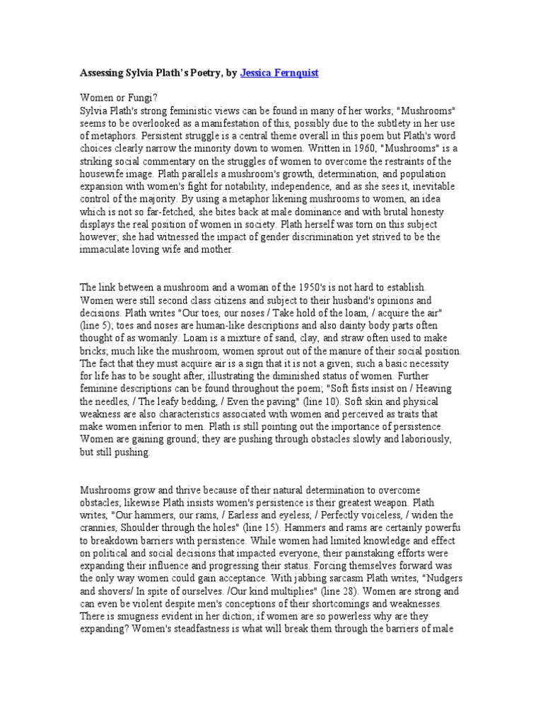 Assessing Sylvia Plath's Poetry, Mushrooms Analysis | PDF