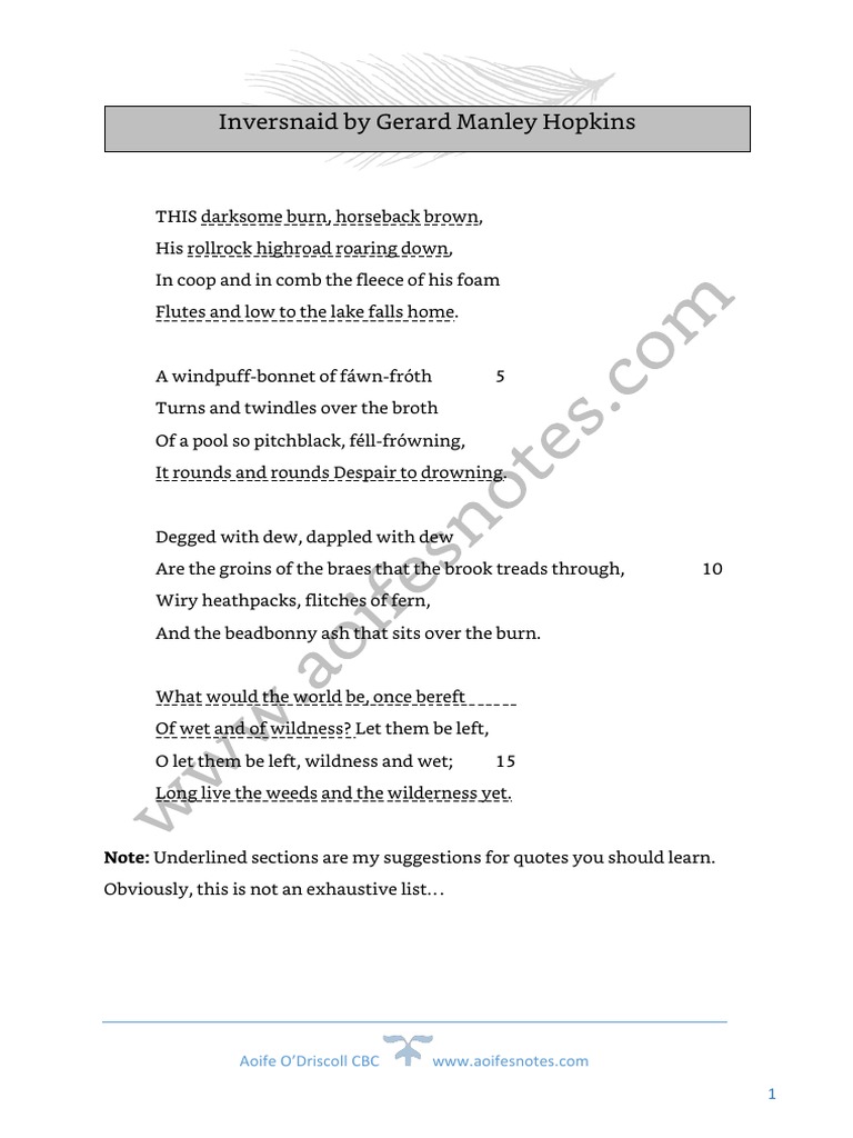 Inversnaid Poem Analysis & Glossary | PDF | Poetry | Classics
