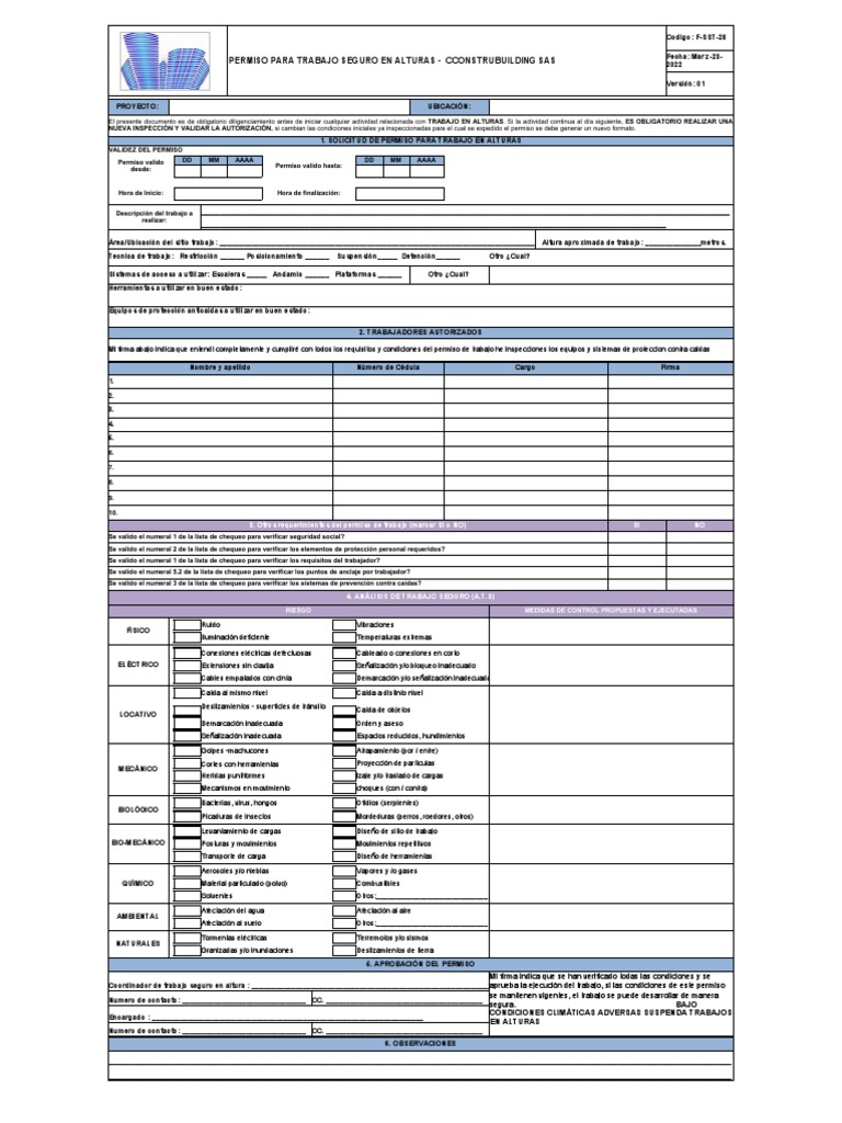 Lista de Chequeo y Permiso para Trabajo en Alturas | PDF | Naturaleza
