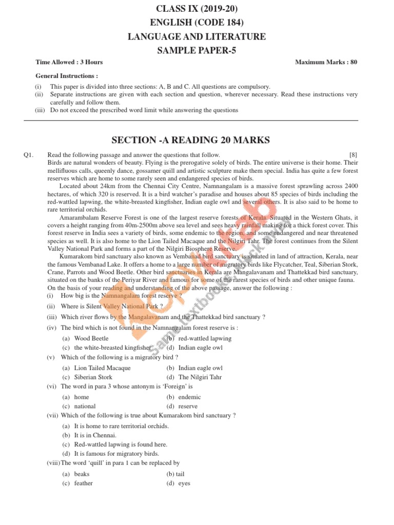 Section - A Reading 20 Marks: CLASS IX (2019-20) English (Code 184 ...