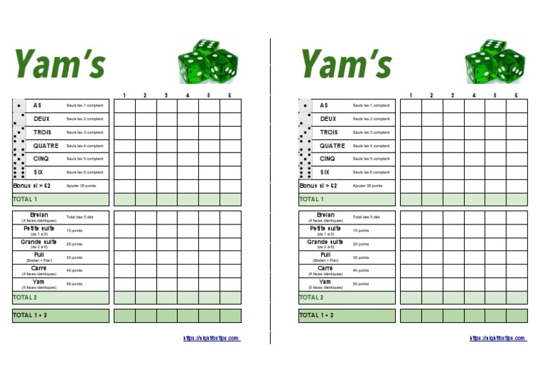 Grille de Yams à Imprimer Gratuitement | PDF | Loisirs | Activités de ...